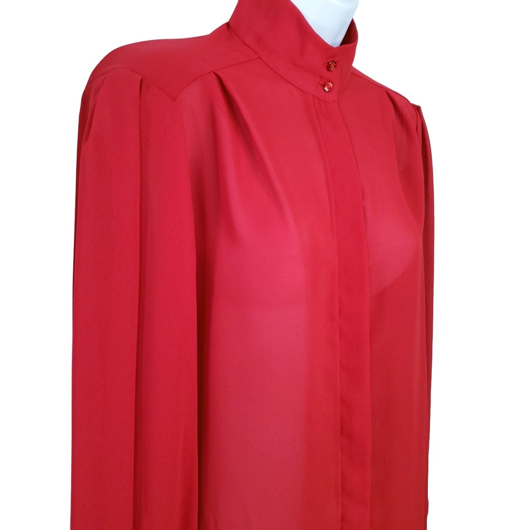 Vintage Sheer Red Secretary Blouse 12 Flowy Sleeves Mock Neck Bracelet ...