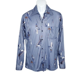 Vtg 70s Mr Jan Don Giovanni Disco Shirt M Geometric Stripe Blue Brown ...