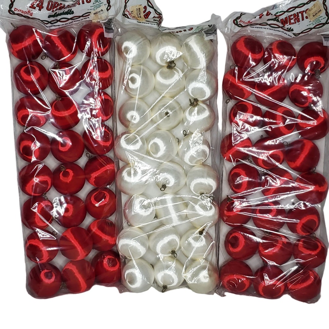 72 Vtg Pyramid Satin Styrofoam Ball Ornaments No Break 48 Red 24 White ...