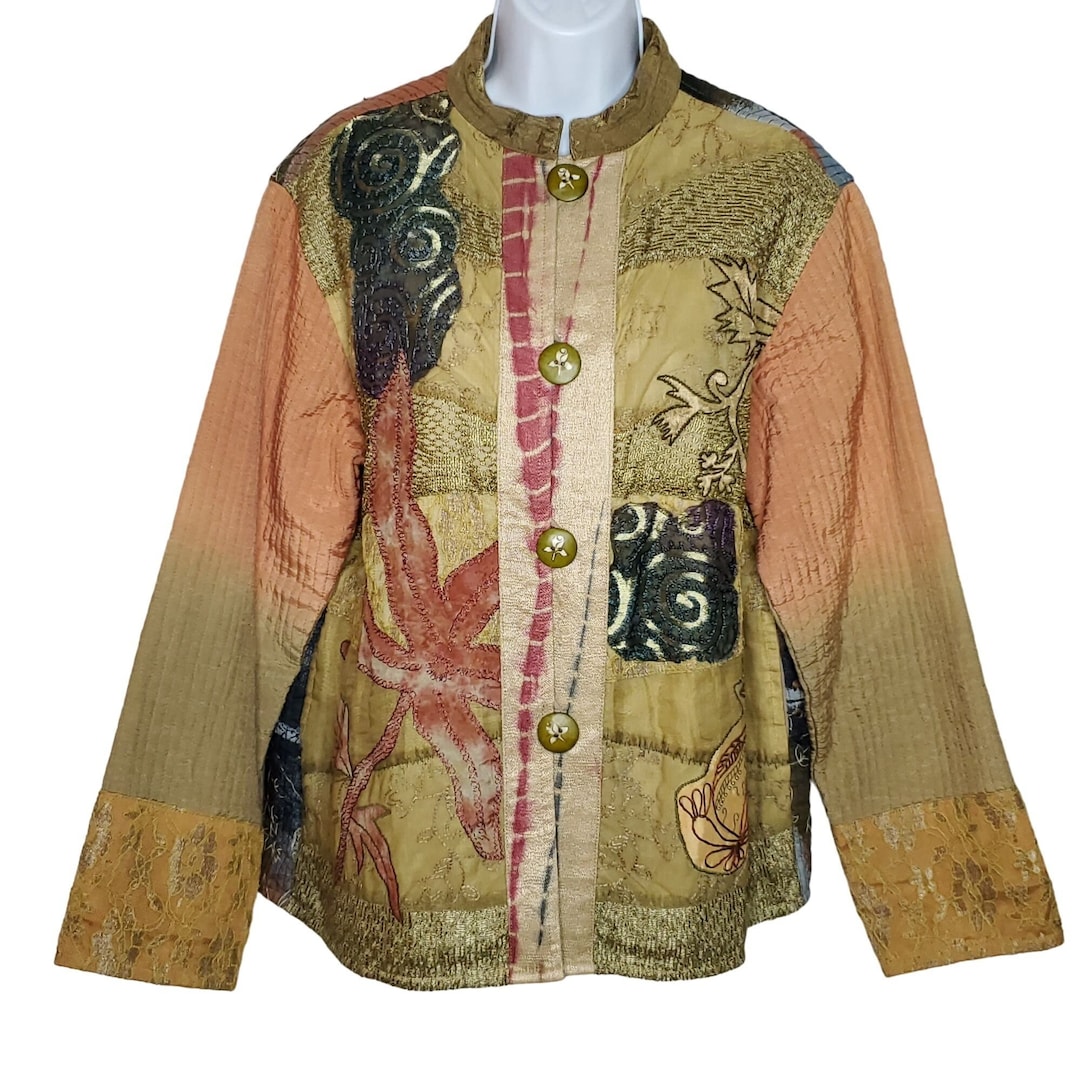 Vintage Flashback Quilted Embroidered Jacket L Crochet Lace Ombre Green ...