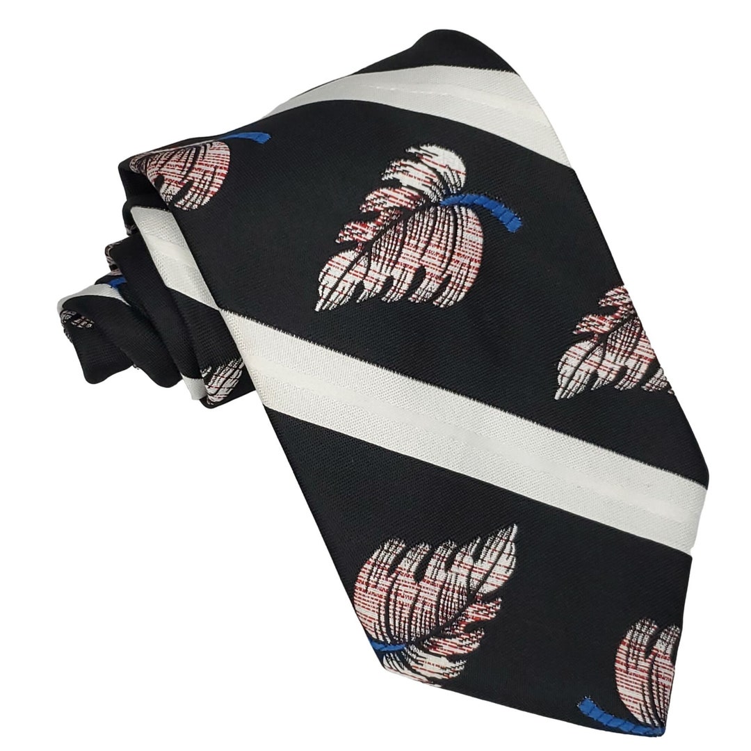 Vintage 70s Wembley Mens Wide Necktie Tropical Leaf Stripe Black Red ...