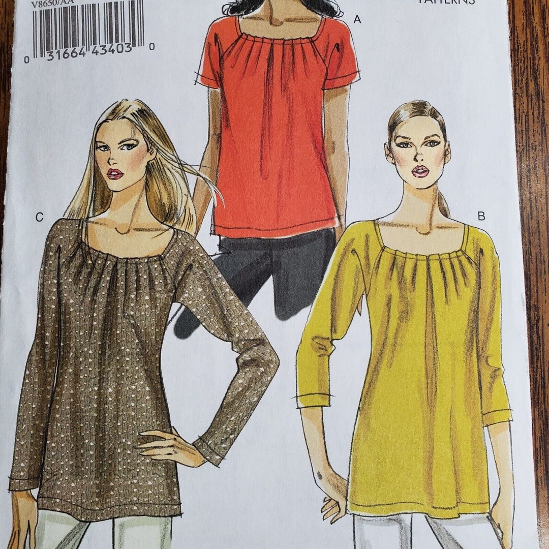 00s Vogue Pattern V8650 Pullover Top Loose Fit Pleated Front Raglan ...