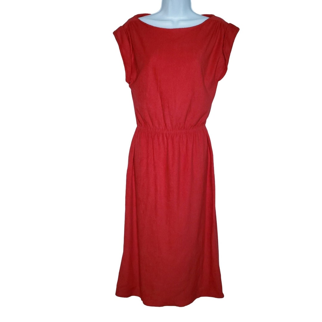 Vintage 70s Terry Cloth Midi Dress Red M Boat Neck Cap Sleeve Cinch ...