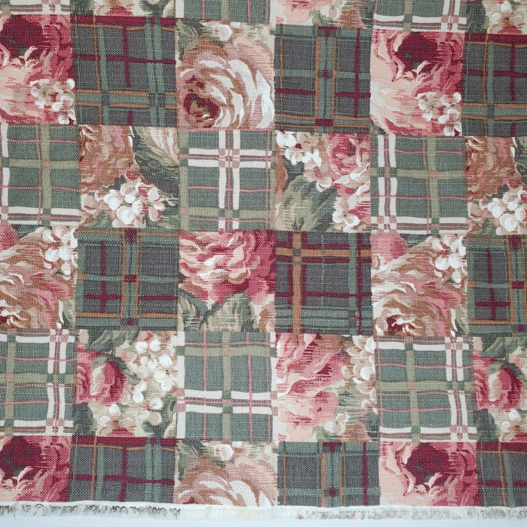 Vintage Rose Floral Plaid Textured Upholstery Fabric Mauve Pink Green ...