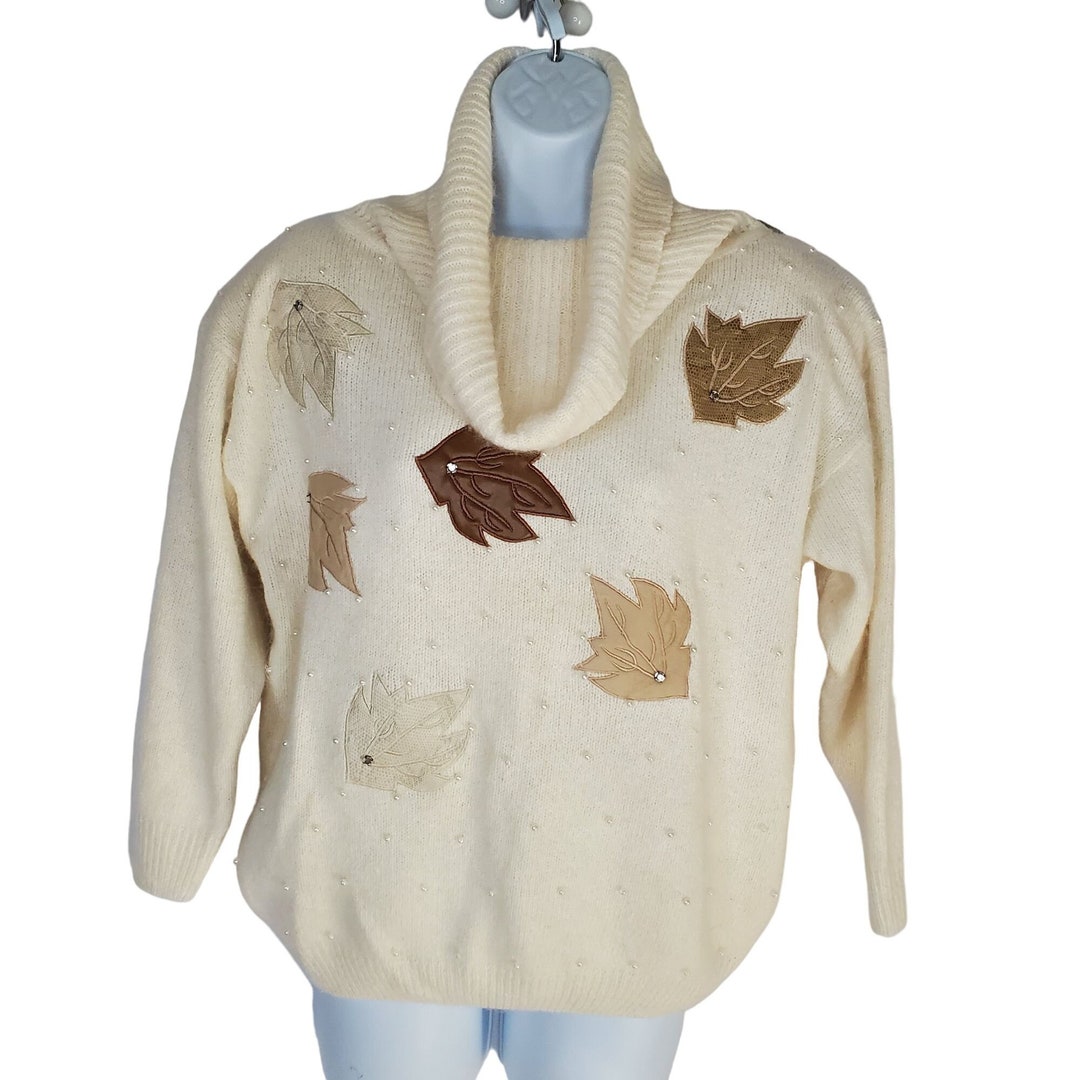 Vintage NEW 90s Cowl Neck Silk Angora Sweater M Autumn Leaf Faux Pearls ...