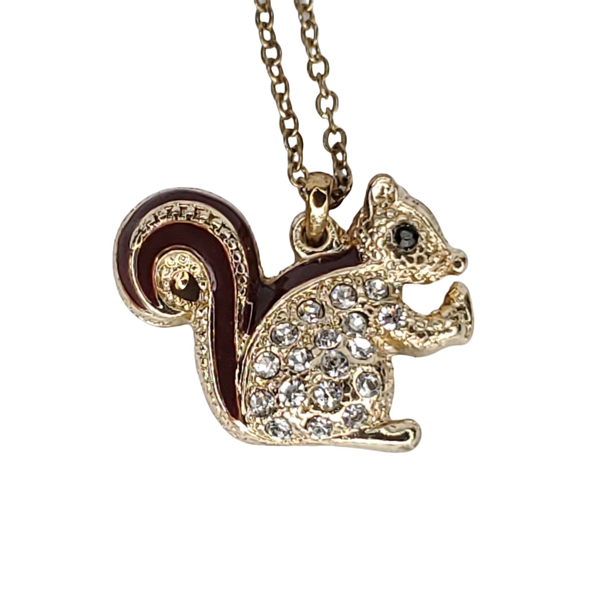 Vintage Chipmunk Squirrel Pendant Necklace Rhinestone Brown Enamel Gold ...