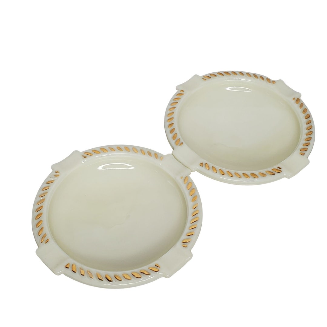 Vintage MCM Cream Glass Ashtray Set Trinket Dish Goldtone Trim Elegant ...