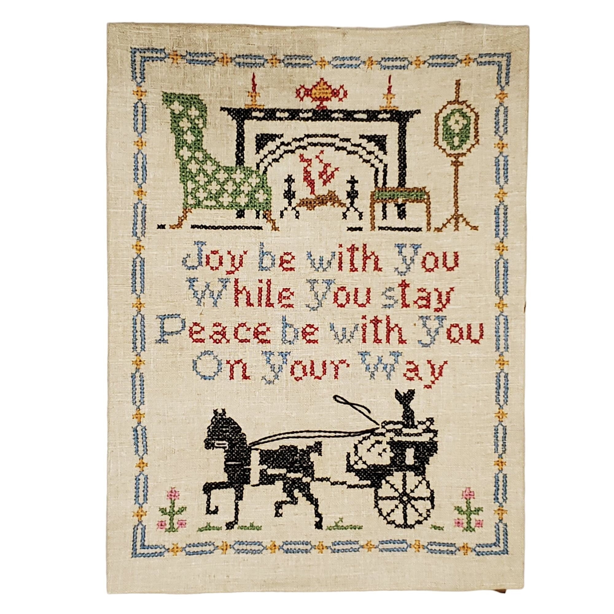 Vtg Colonial Amish Cross Stitch Sampler Sitting Area Fireplace Horse ...