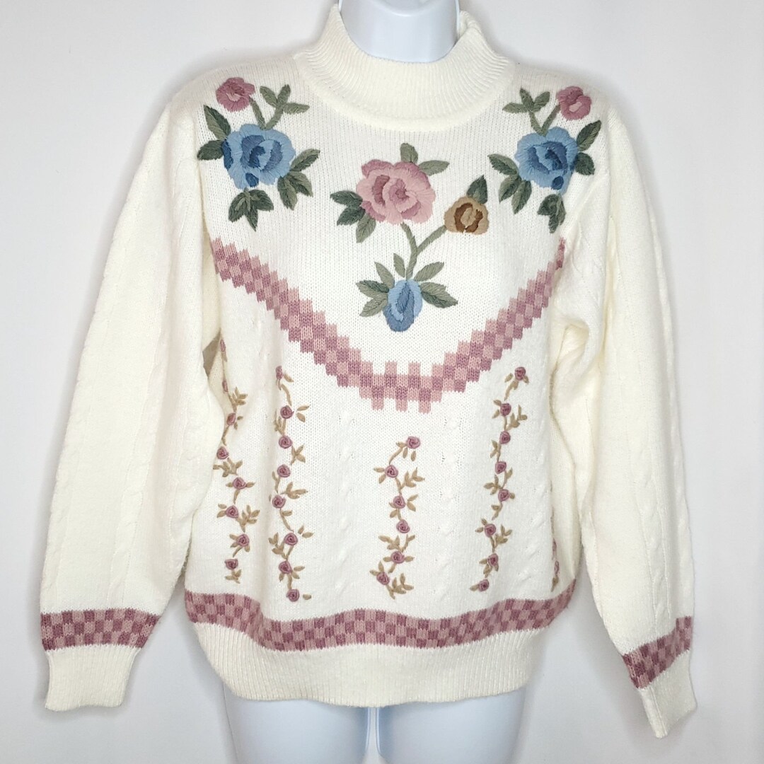 Vintage Cottagecore Embroidered Flower Cable Knit Sweater Mauve Pink ...