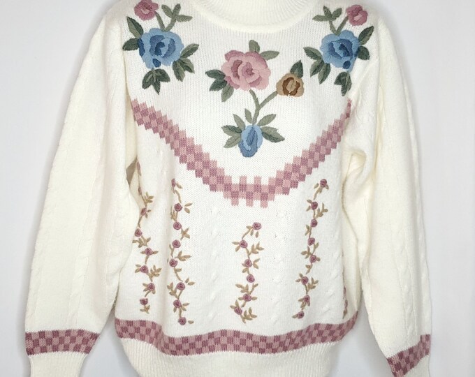 Vintage Cottagecore Embroidered Flower Cable Knit Sweater Mauve Pink ...