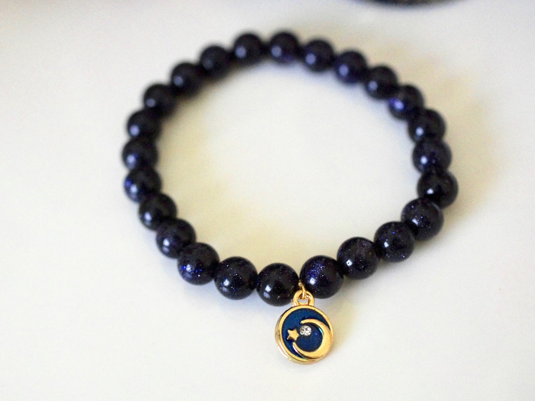Bracelet De Perles Grès Bleu Galaxie Sandstone Et Petit Médaillon - Etsy
