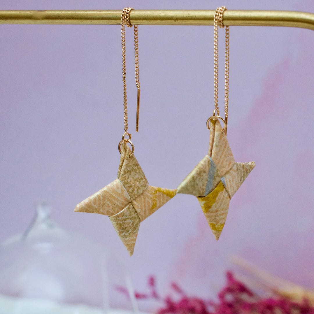Yellow and Gold Origami Shuriken Earrings and Hanging Chain - Etsy