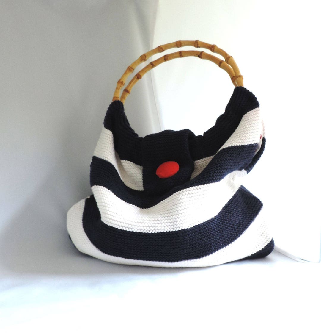 Knitted Bag, Blue and White Striped Bag With Bamboo Handles, Nautical ...