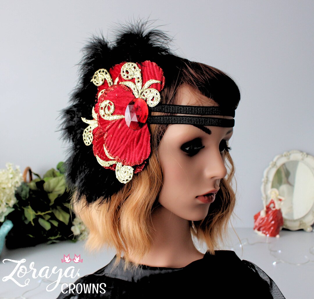 Feather Headband, Marabou 1920s Style Flapper, Black Feathers Red Gold ...