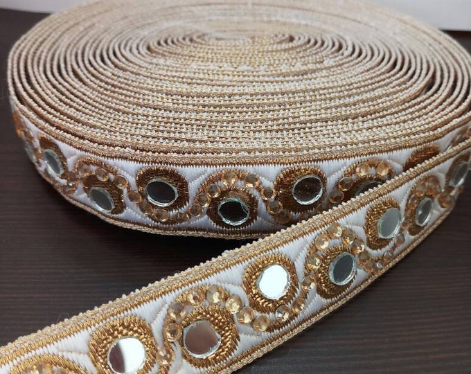 Decorative White Mirror Stone Zari Work Lace Sari Border - Etsy