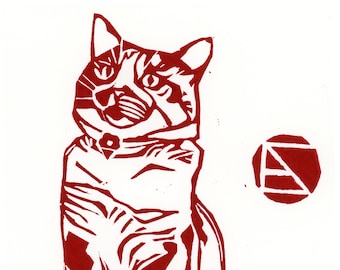 Little Black Cat III Linocut Printmaking 5x7 Cute Pet Art Deckle Edge ...