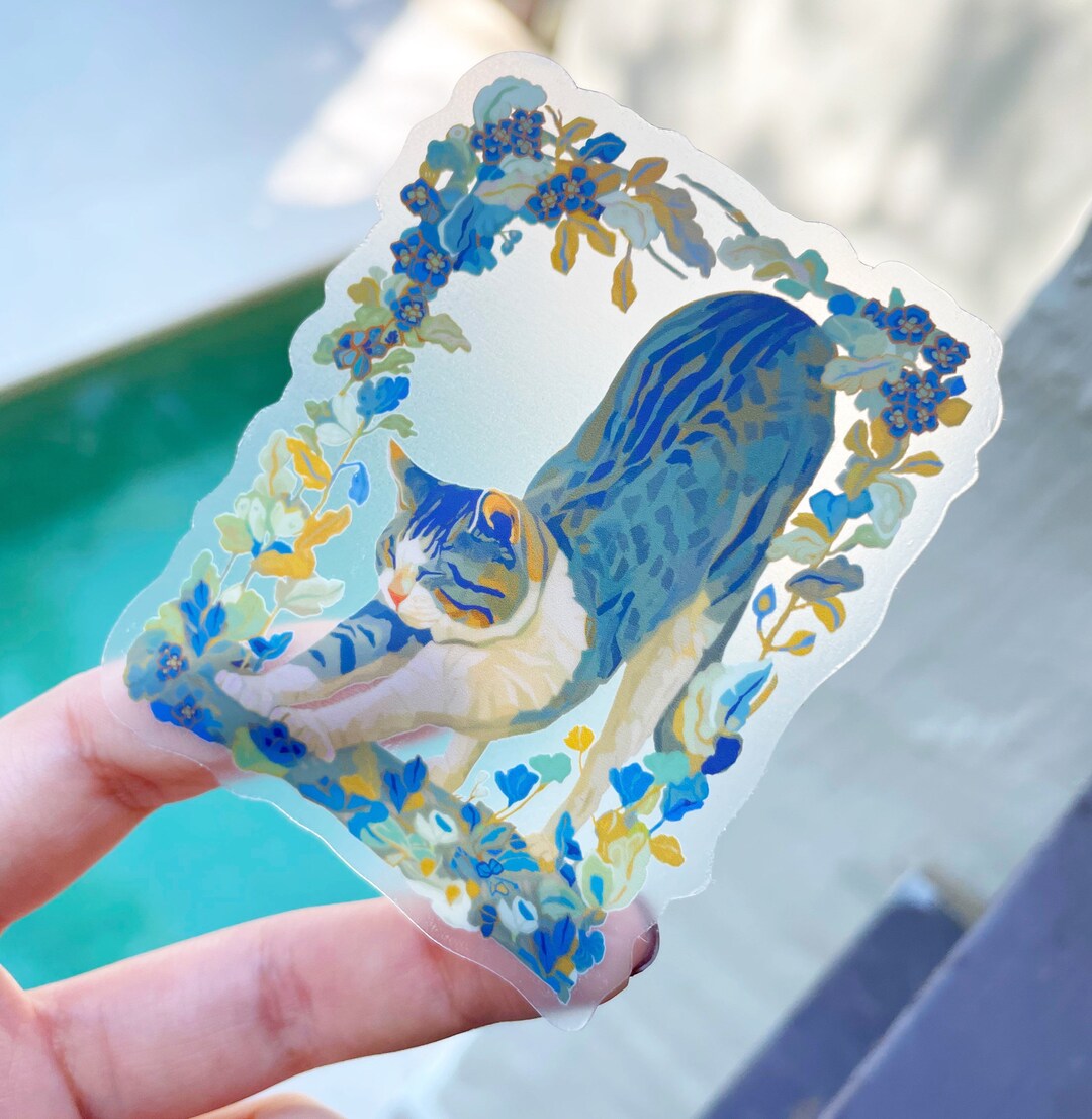 Blue Whimsy Cat Transparent Vinyl Sticker // Waterproof Sticker - Cat ...