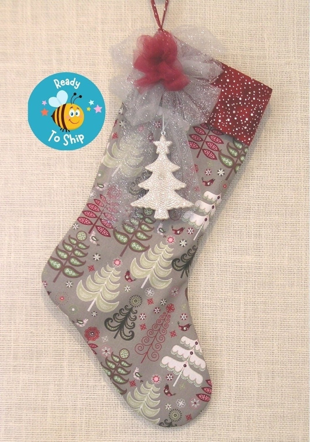 Non Traditional Christmas Stocking, Whimsical Stocking, Christmas Trees ...