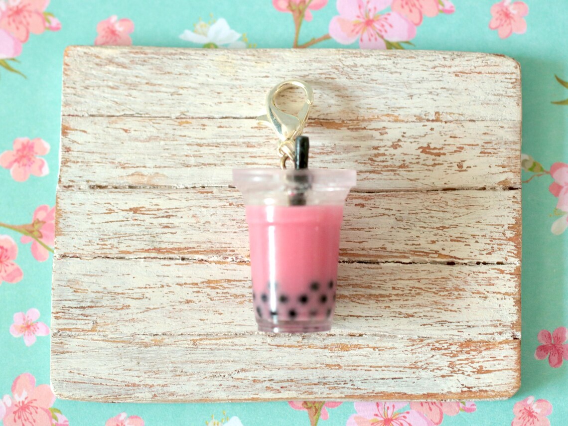 Raspberry Pink Bubble Tea Charm in a Resin Cup on a Classic Silver ...