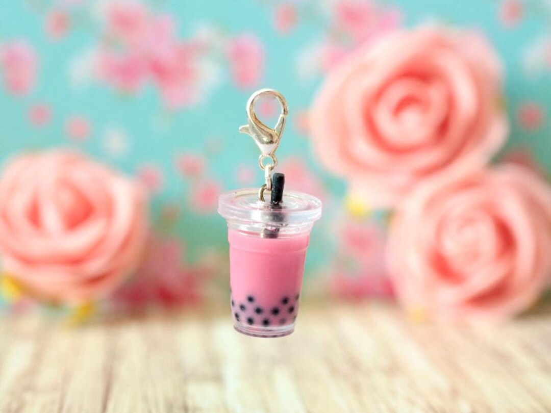 Raspberry Pink Bubble Tea Charm in a Resin Cup on a Classic Silver ...