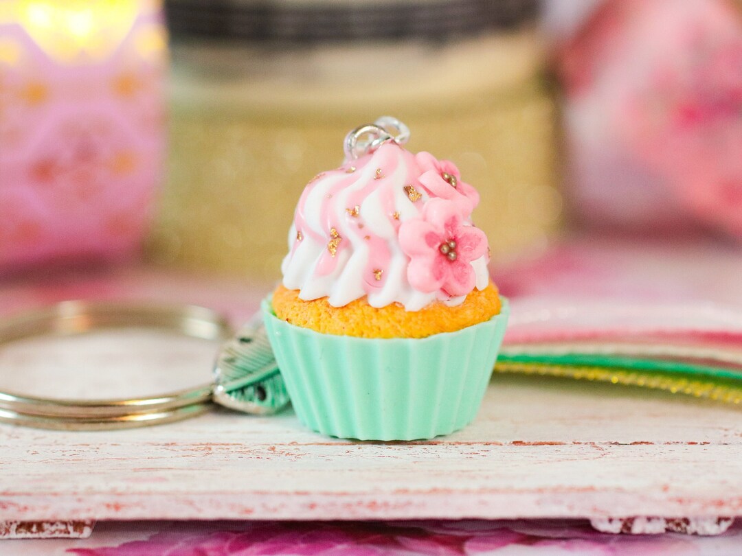 Realistic Cherry Blossom Cupcake Key Ring With a Mint Blue Base and ...