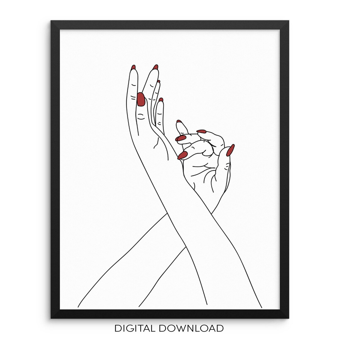 Abstract Woman Hands Fine Line Art Print | DIGITAL DOWNLOAD | Red Nails ...