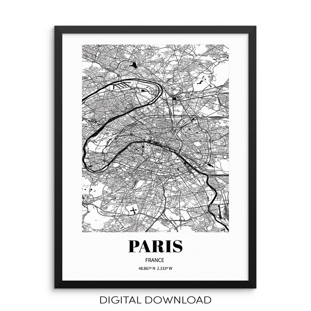 PARIS City Grid Map Art Print DIGITAL DOWNLOAD Parisian Cityscape Road ...