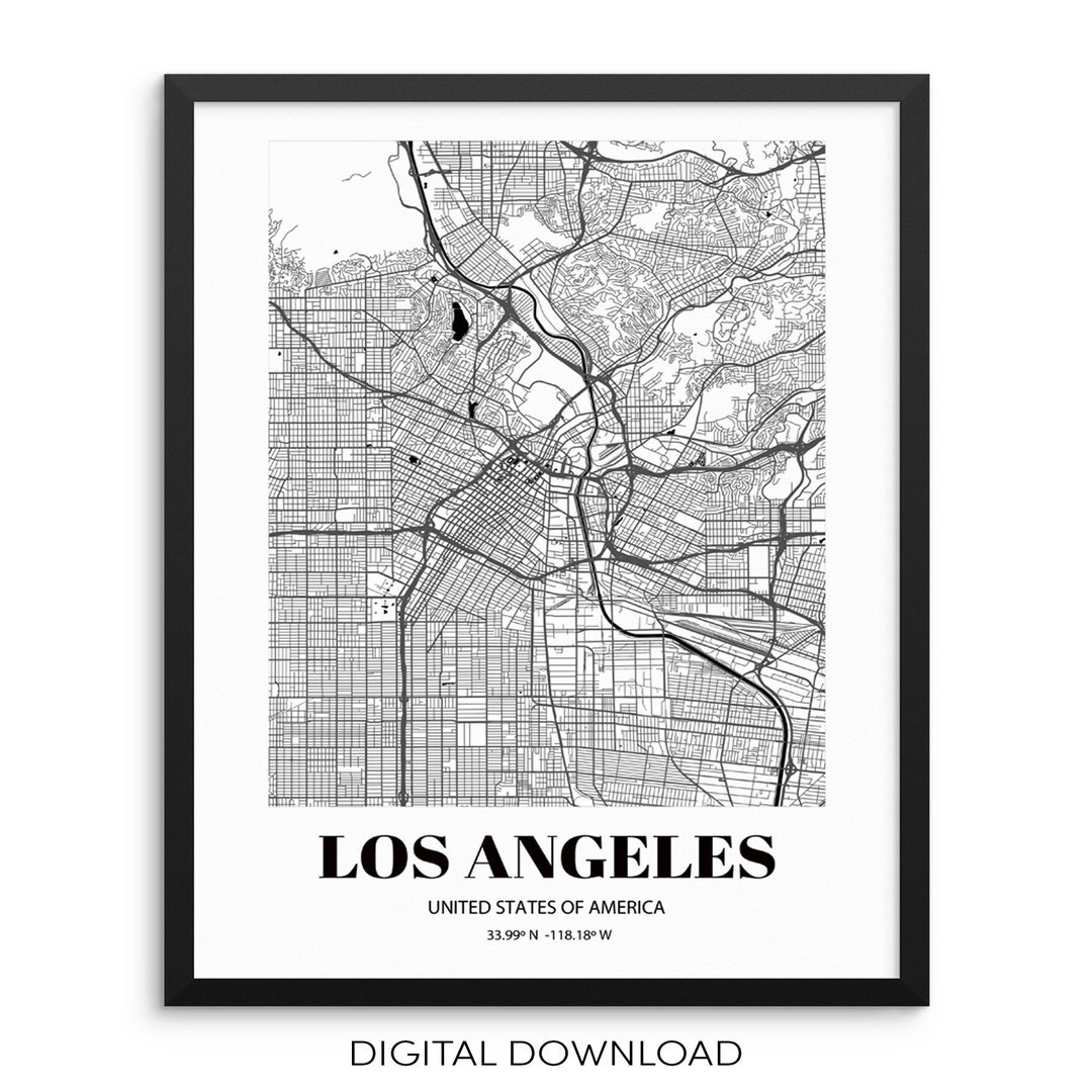 Los Angeles City Grid Map DIGITAL DOWNLOAD Art Print Cityscape Road Map ...