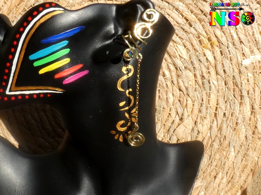 Inca Maya Artisanal Ear Ring in Brass Gold and Austrian Crystal ...