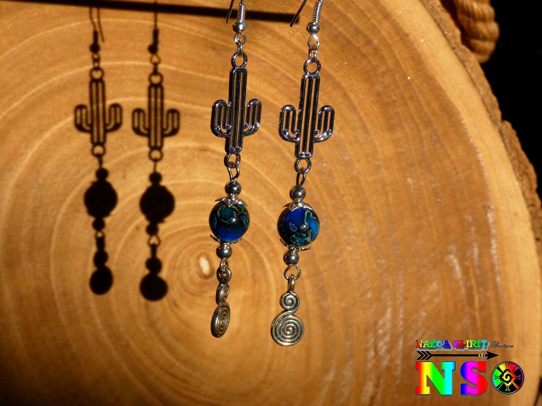 Ethnic Cactus Pendants and Ocean Blue Glass Beads - Handmade Silver ...