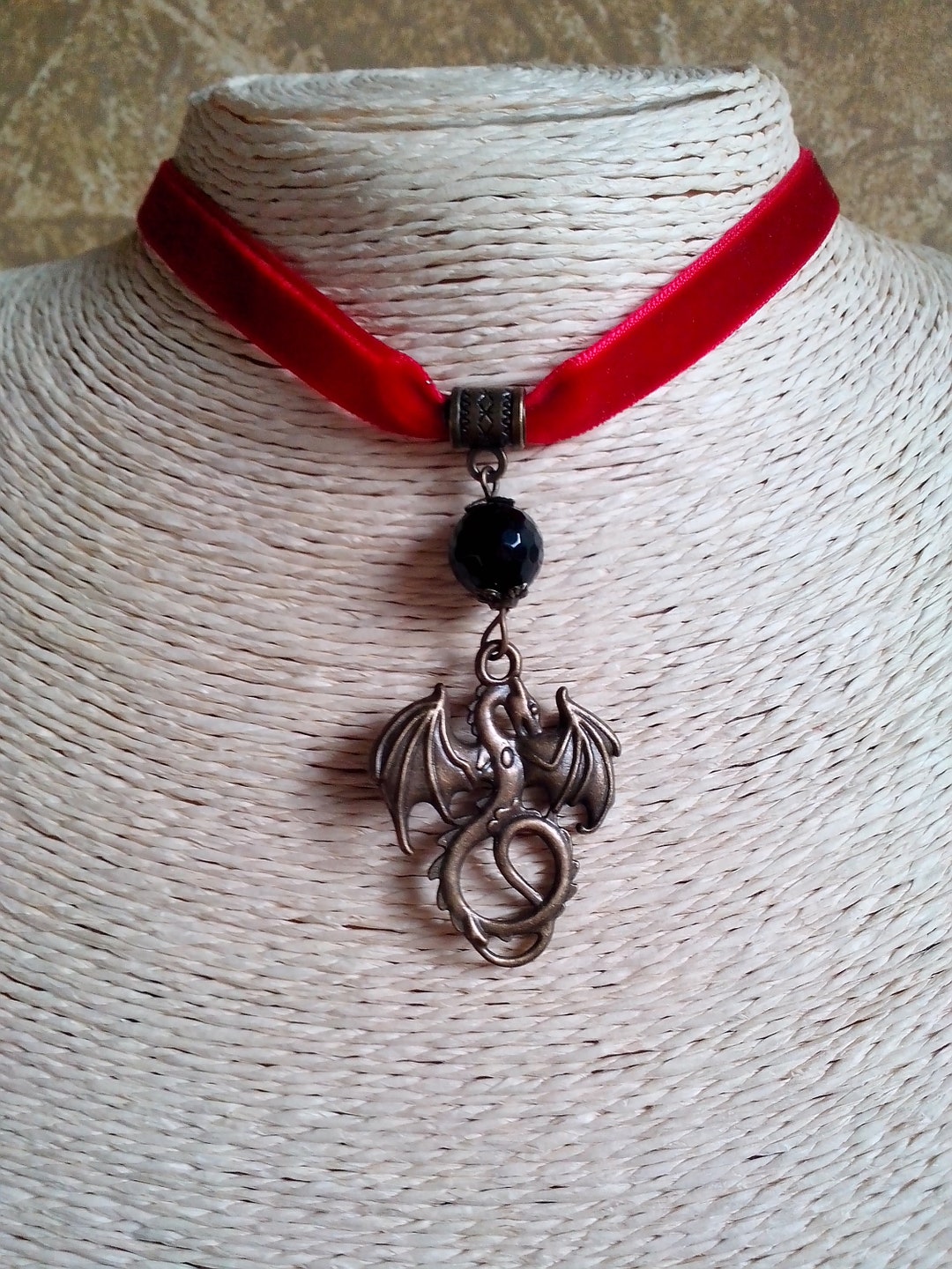 Black Onyx Choker, Velvet Choker, Gothic, Bronze Dragon Pendant, Red ...