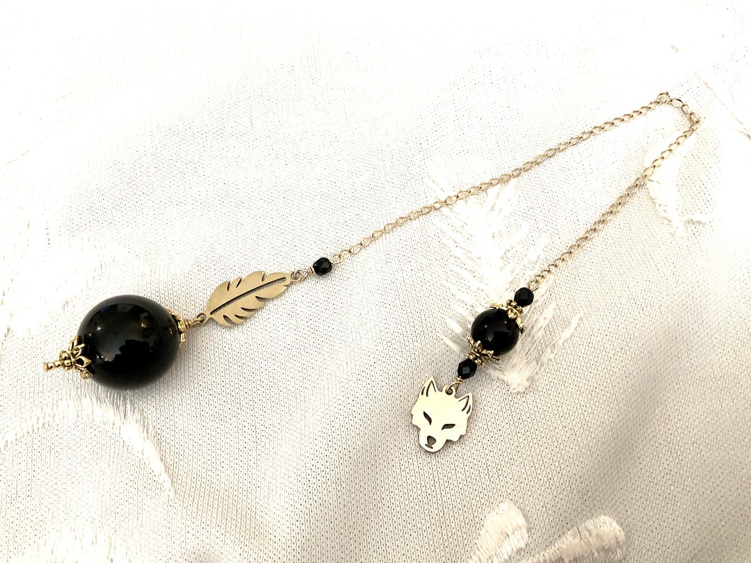 PENDULUM With Obsidian Feather and Wolf Head in Golden Stainless Steel ...