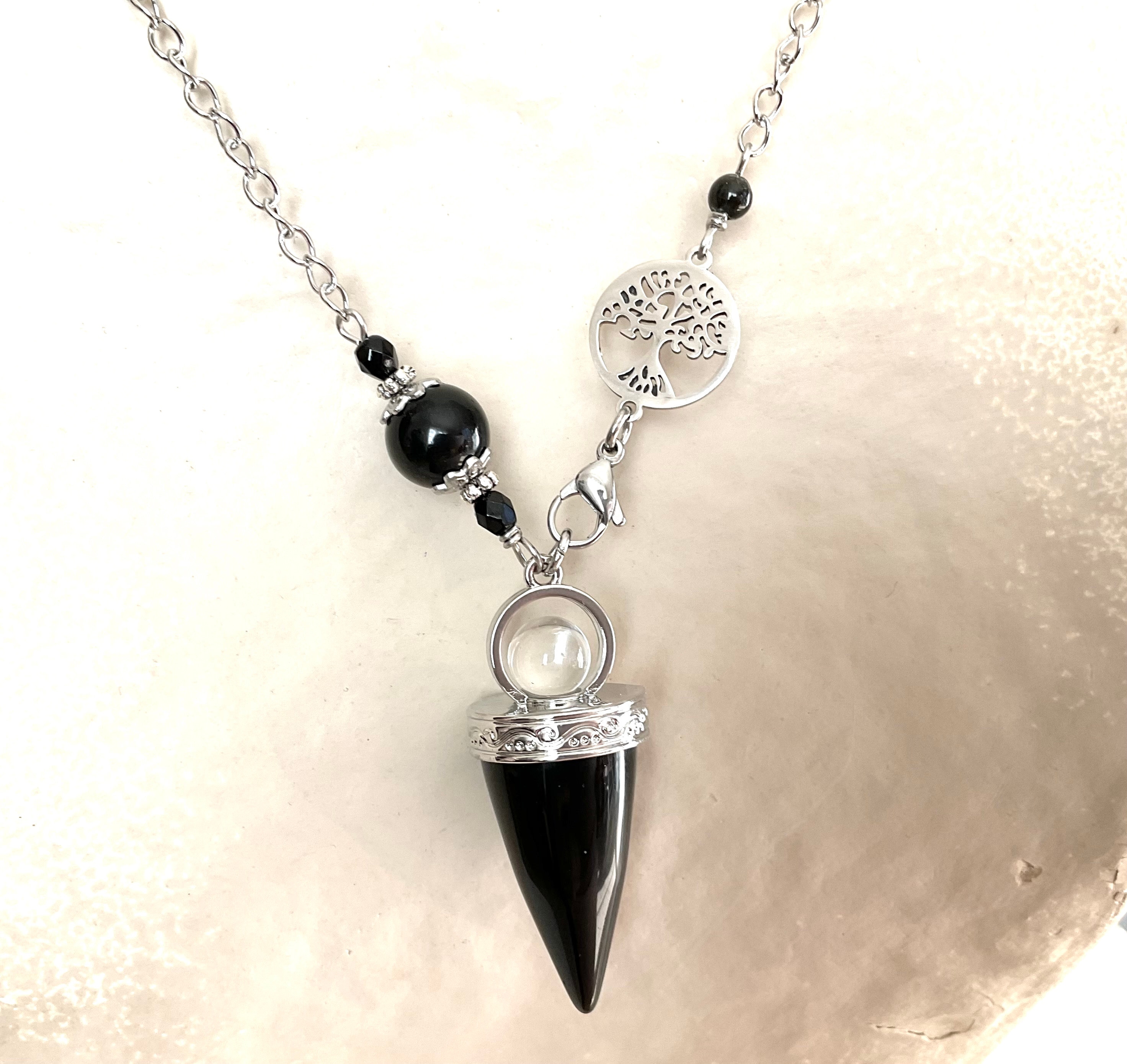 Necklace With Onyx Point and Obsidian Bead, Tree of Life Design in ...