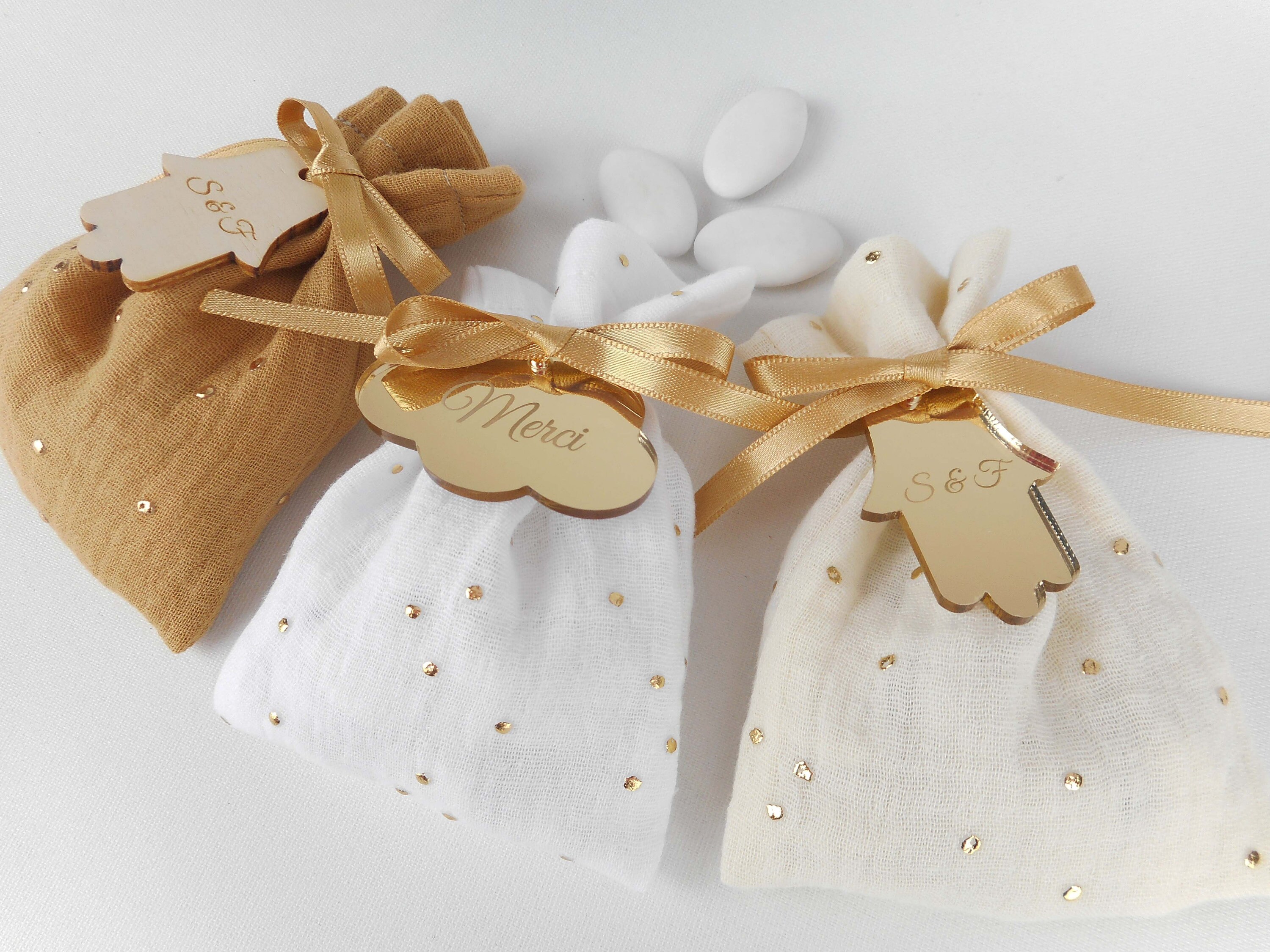 Sachet dragées double gaze de coton blanc, camel ou écru , pois doré ...