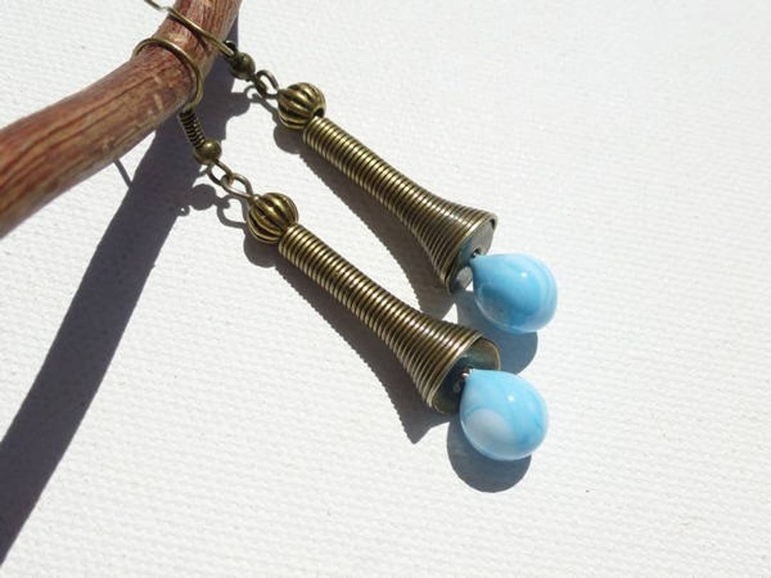 Bronze Trumpet Spiral Earrings and Turquoise Ivory Spun Glass Drops - Etsy