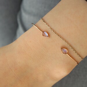 14K Solid Gold Duet RAINBOW MOONSTONE Open Bangle Bracelet/gold Bangle ...