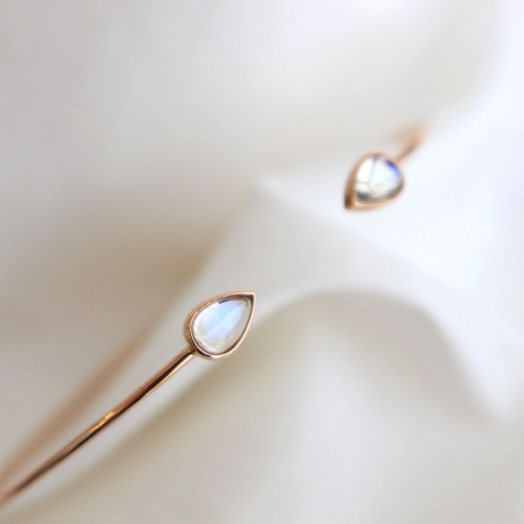 14K Solid Gold Duet RAINBOW MOONSTONE Open Bangle Bracelet/gold Bangle ...