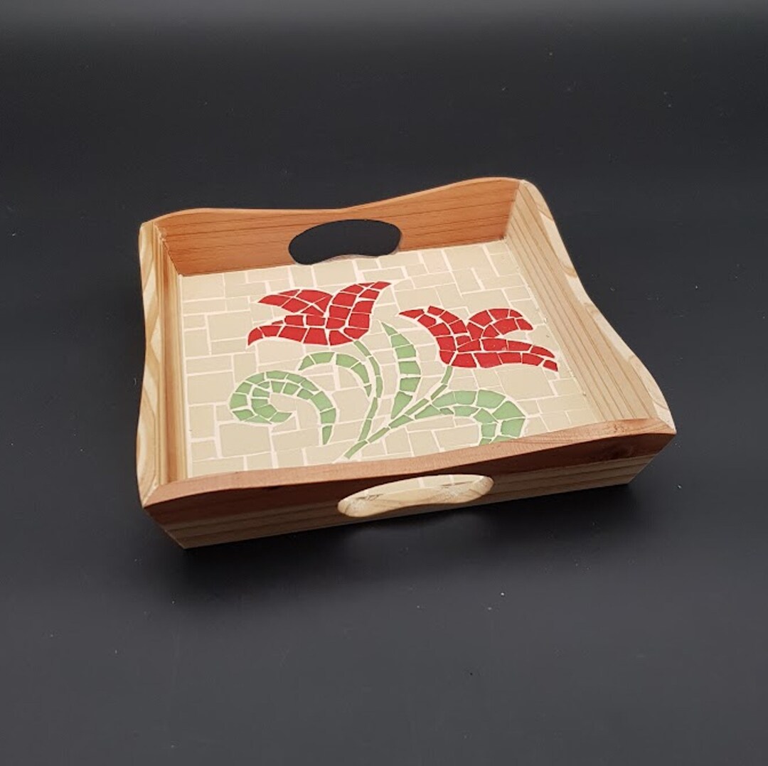 Small Square Tray in Wood and Mosaic Pocket Tray Red Flower Mosaic of ...