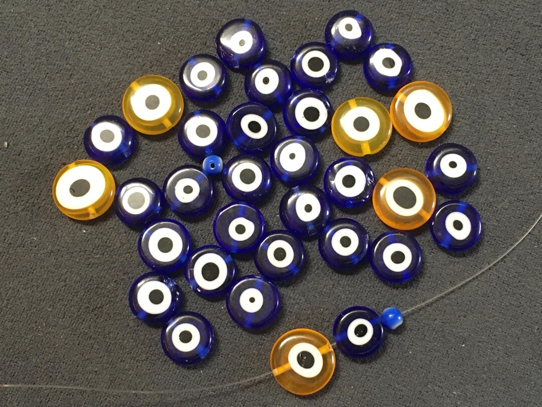 36 Evil Eyes Blue Yellow Turkish Greek Eye Beads, Lucky Charm, Wicca ...