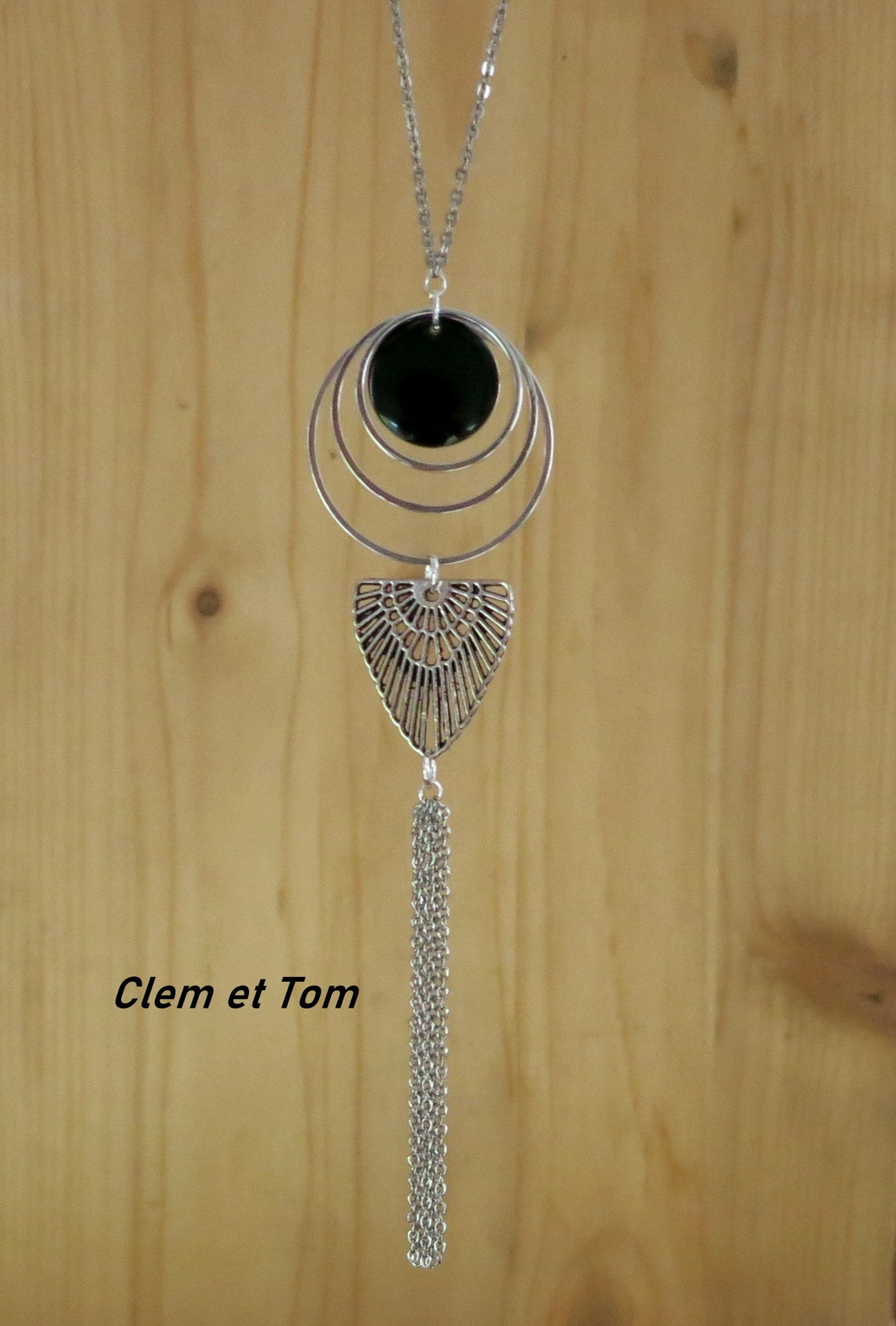 Sautoir noir et argenté, long collier vintage, tendance art déco ...