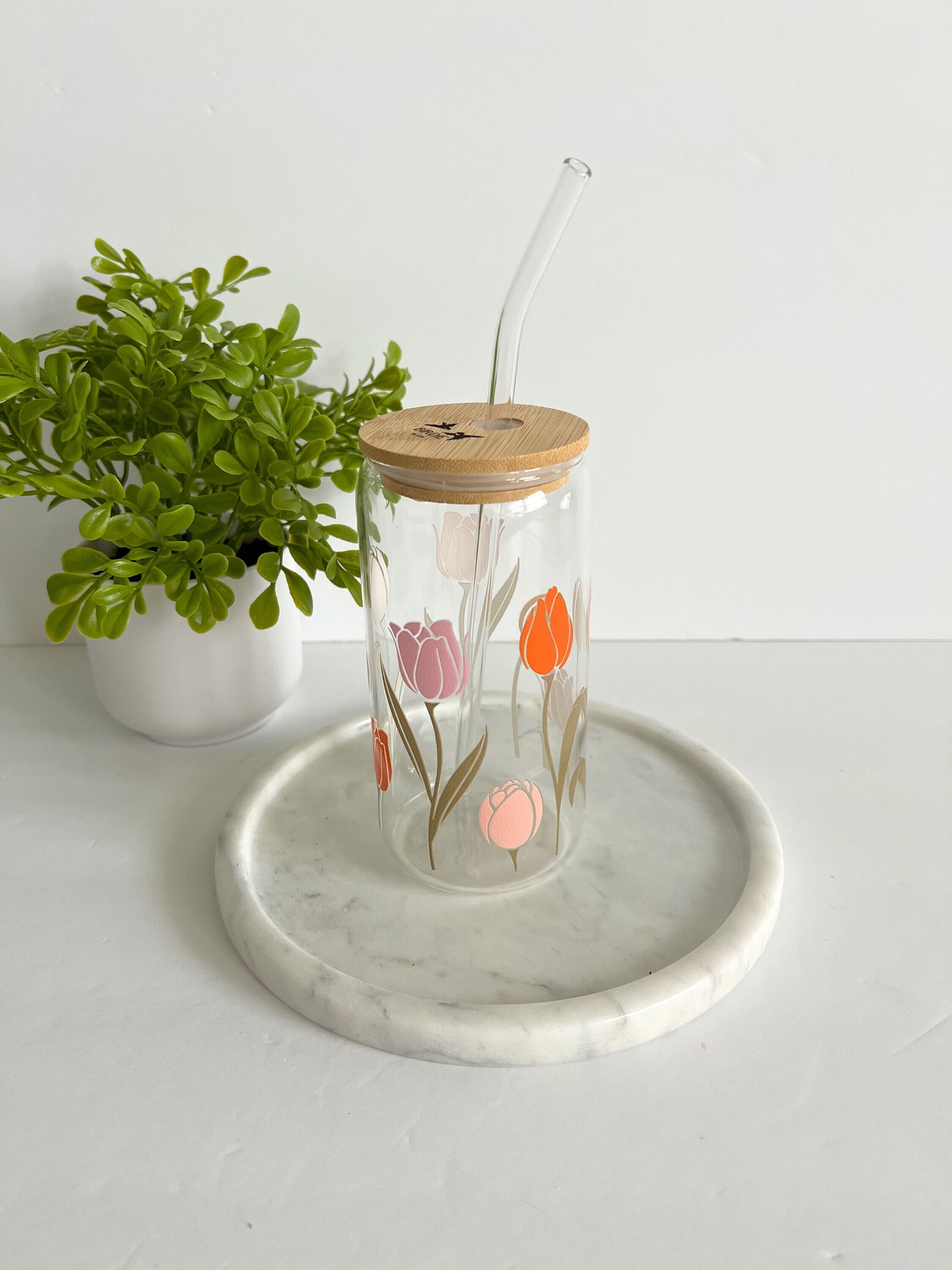 Spring Tulip Glass, Floral Can Glass, Colorful Floral Glassware, Tulip ...