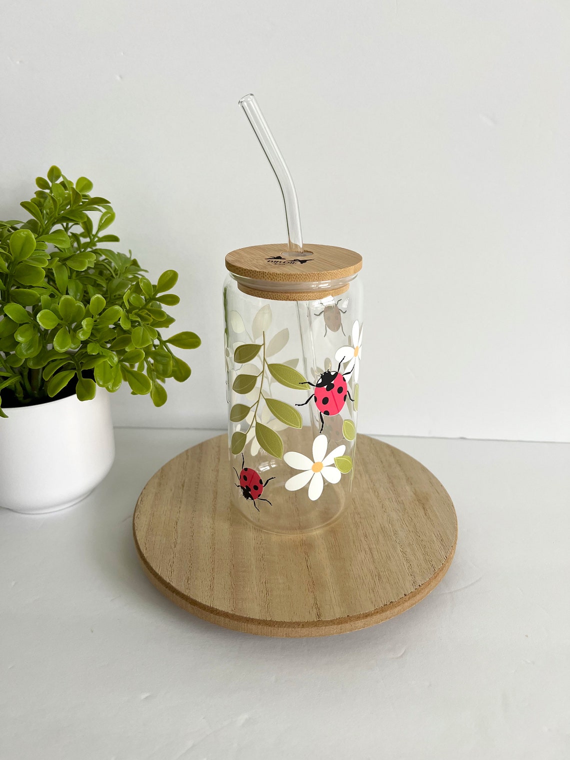 Ladybug Glass, Floral Ladybug Can Glass, Ladybug Garden Glass, Ladybug ...