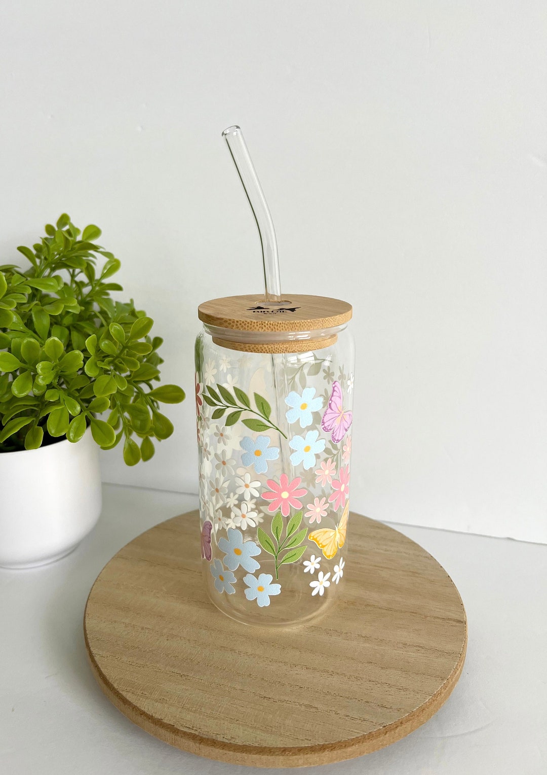 Spring Garden Floral Butterfly Glass Cup, Butterfly Garden Iced Coffee ...