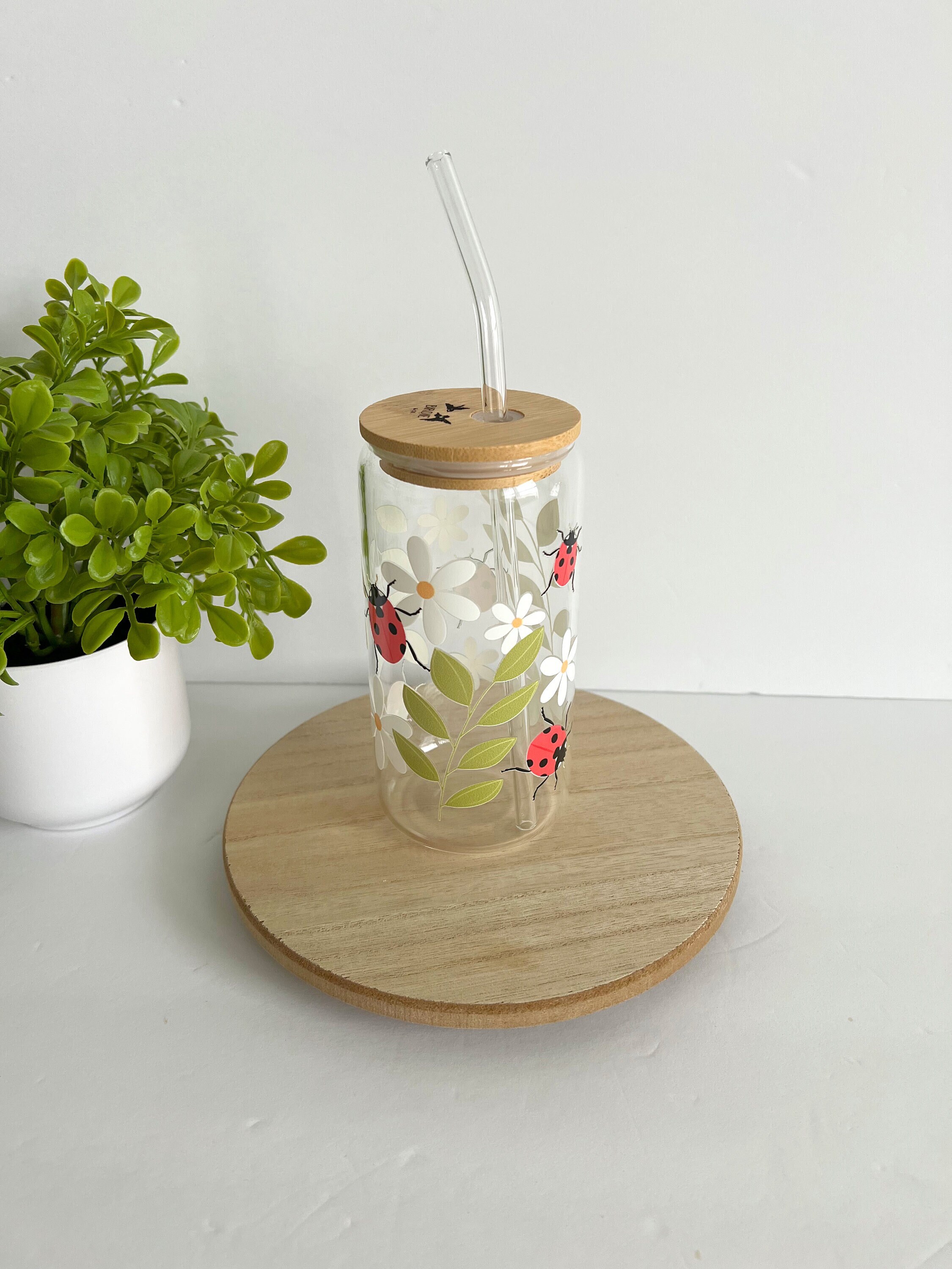 Ladybug Glass, Floral Ladybug Can Glass, Ladybug Garden Glass, Ladybug ...