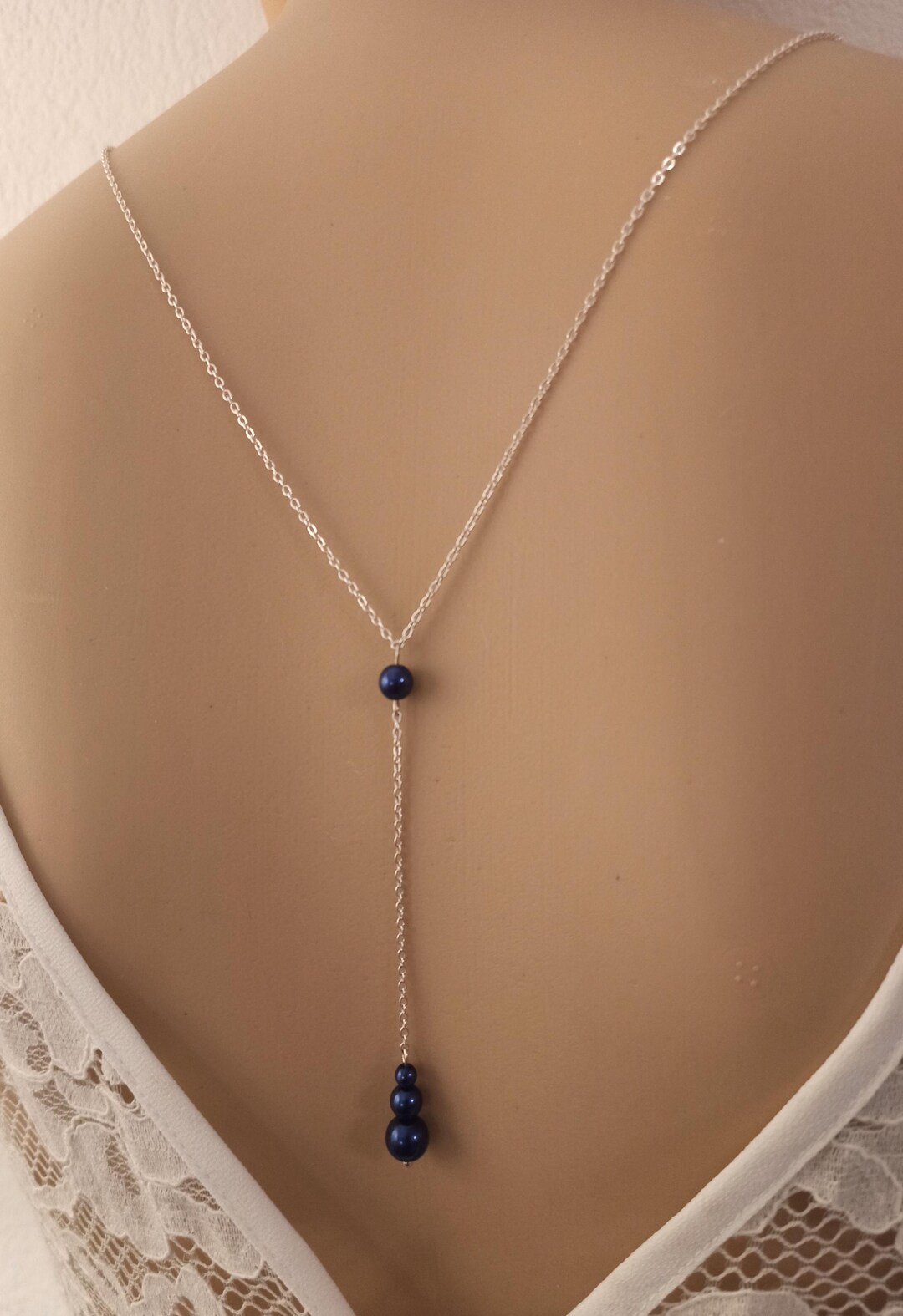 Steel Wedding Back Necklace, Léa Blue Steel Wedding Necklace, Blue ...