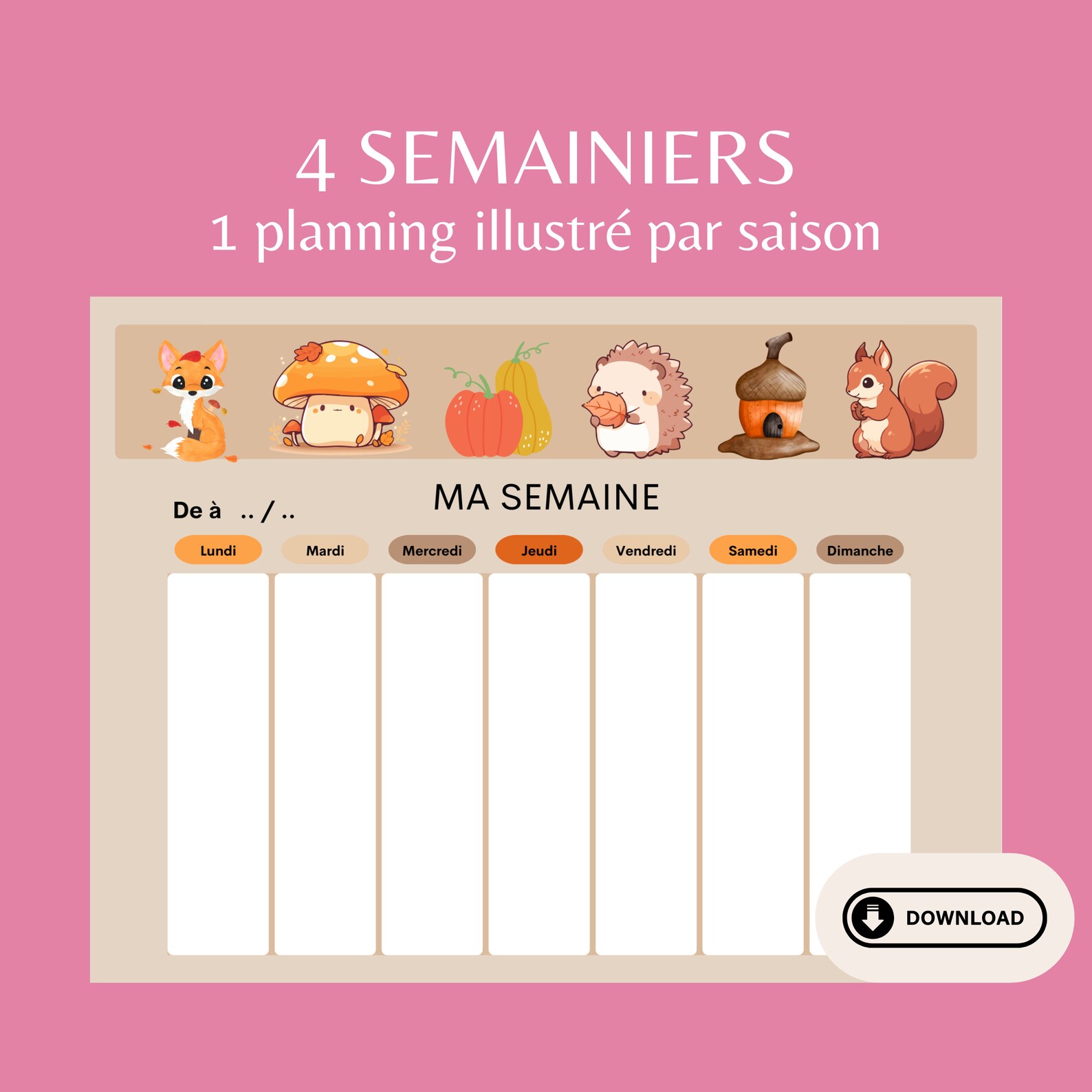 Semainier à imprimer calendrier pour enfants Les 4 - Etsy France