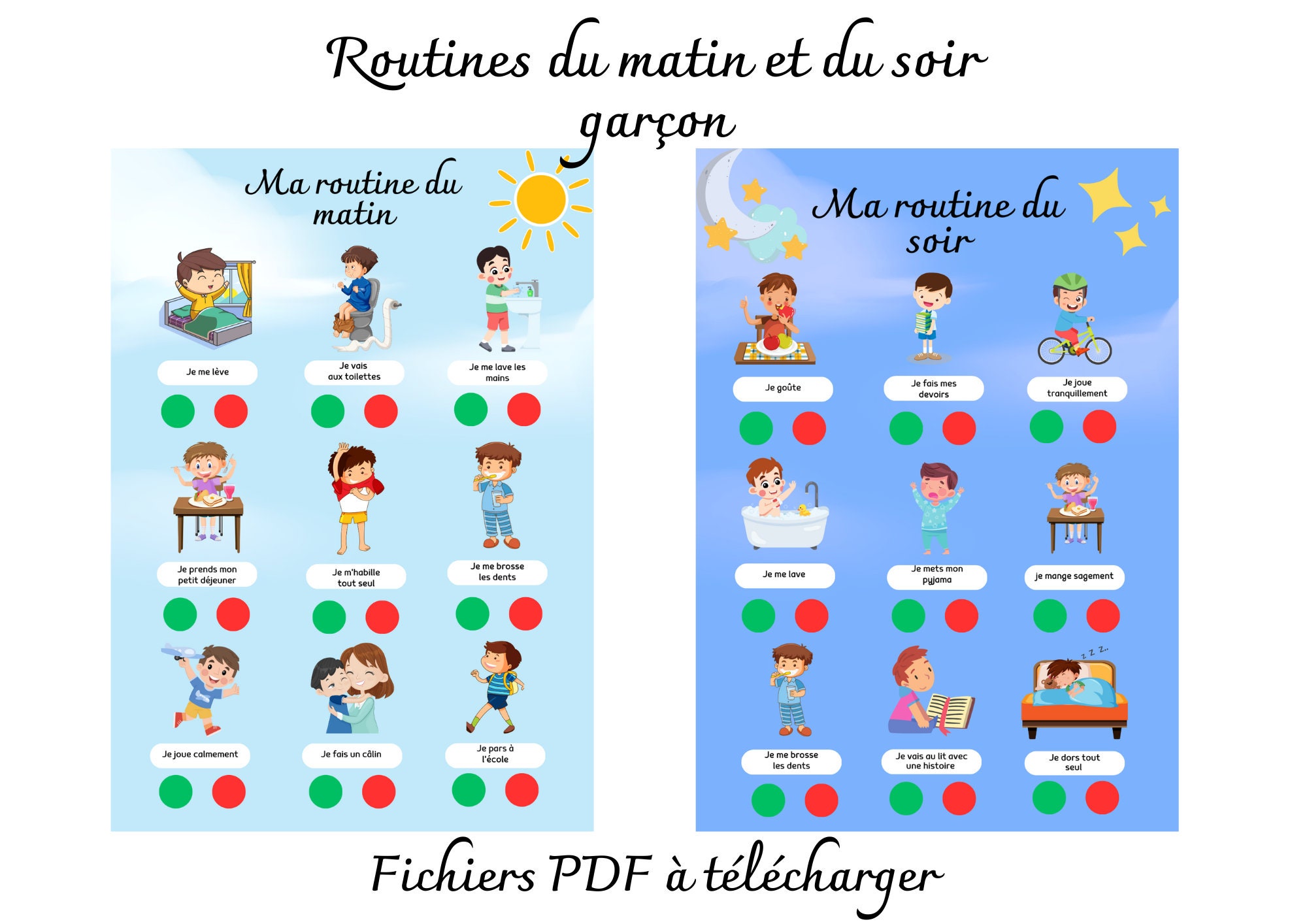 Tableaux de routines, affiches routines, enfant, matin soir ...