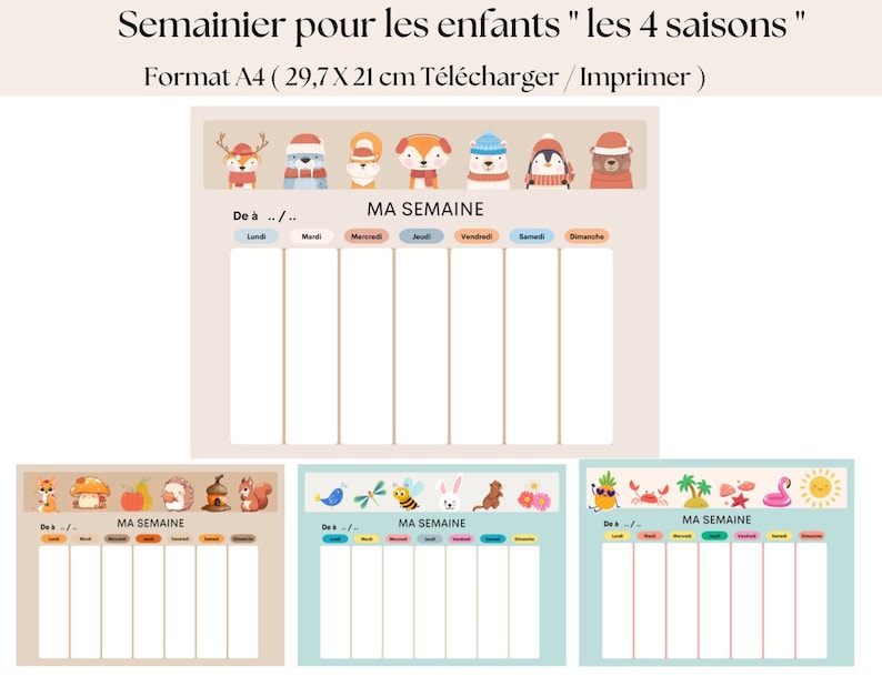 Semainier à imprimer calendrier pour enfants Les 4 - Etsy France