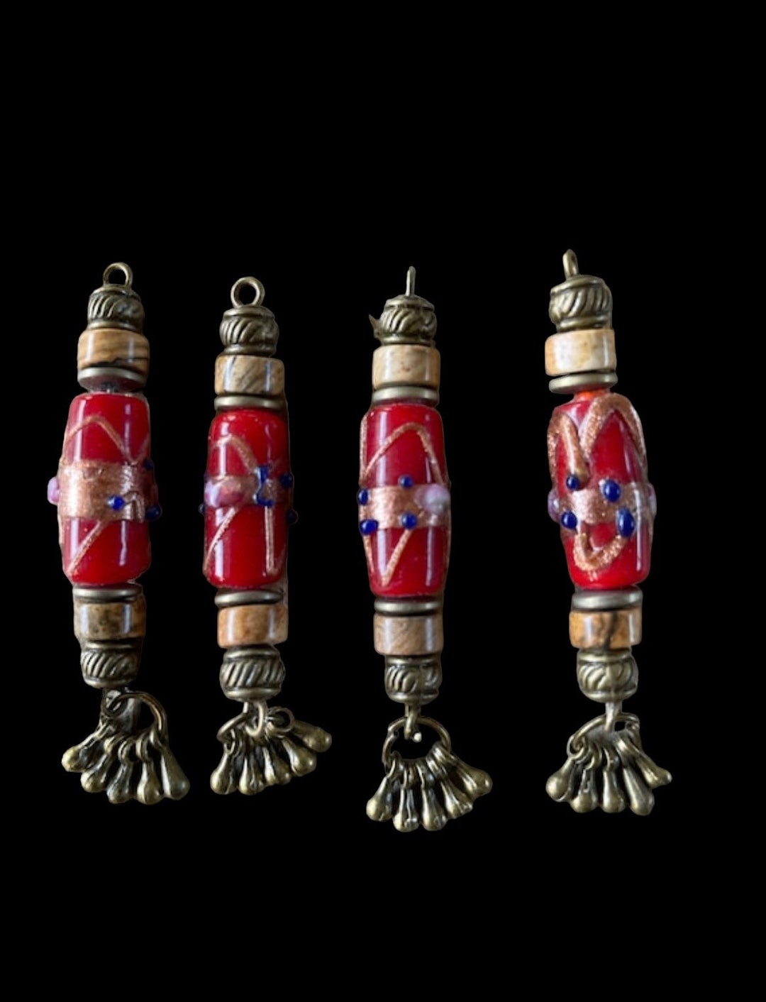 Red Indian Blown Glass Bead and Landscape Jasper Bead Mounted on a ...