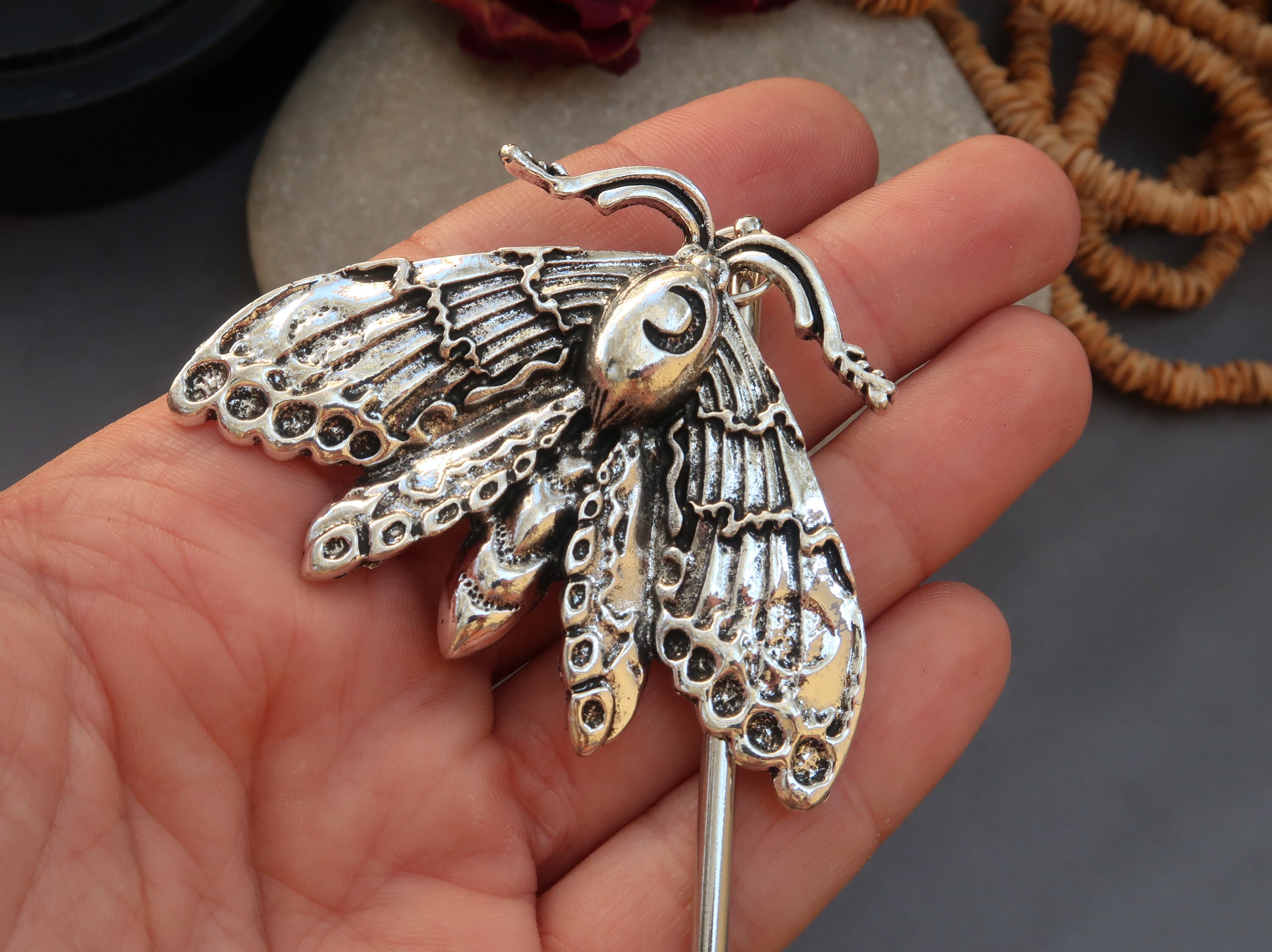Silver Moth and Crescent Moon Hair Stick, Witchy Moon Jewelry - Etsy UK